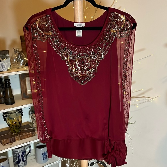 Cache | Tops | Cache M Gorgeousbeaded Sequin Layered Blouse With Tank Liningsheath Overlay ...